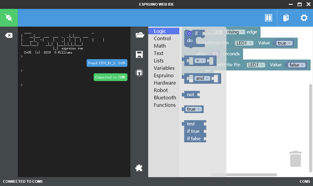 Espruino固件(JS语言) - 使用Espruino IDE - 《Espruino Pico》 - 极客文档